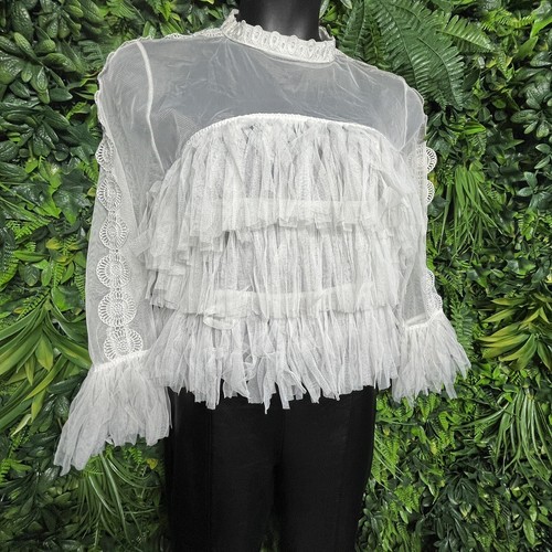 Ups & Downs Tops Women Large White Full Sheer Fringe Layered Top Fairy ...