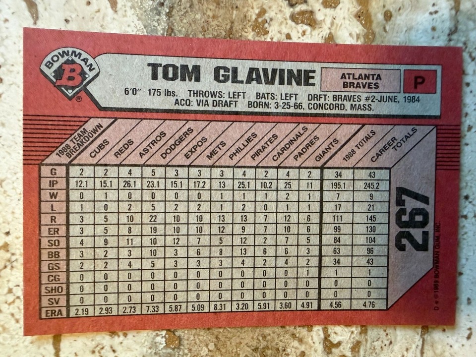 1989 Bowman Tom Glavine Rookie Baseball Card #267 Atlanta Braves Hall ...
