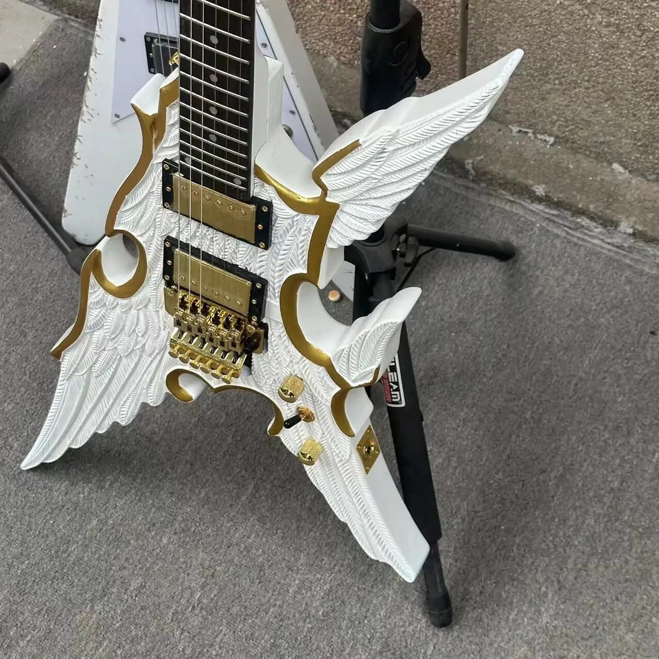 Hot Sale Engraved Angel Wings Electric Guitar HH White Body with Gold ...
