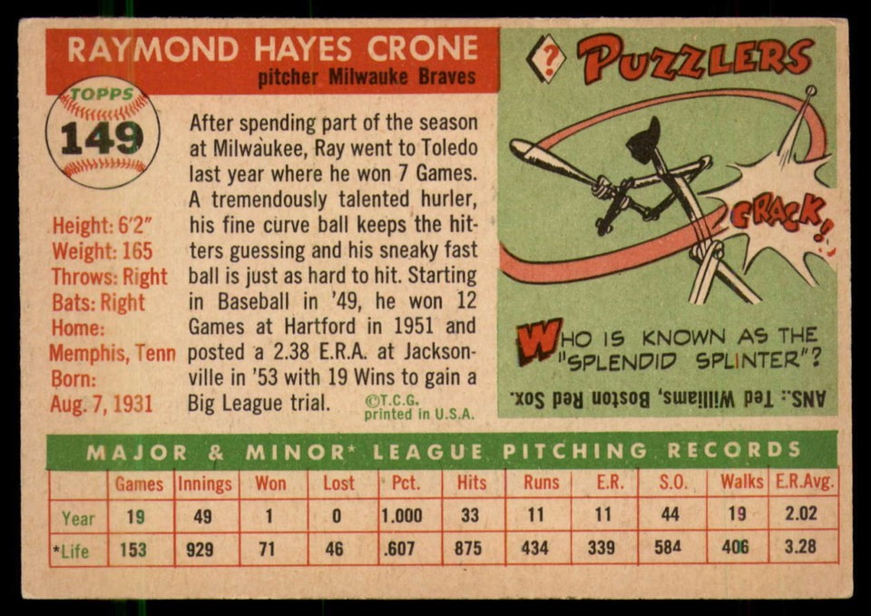 1955 Topps #149 Ray Crone EX Braves ID:57141 | eBay