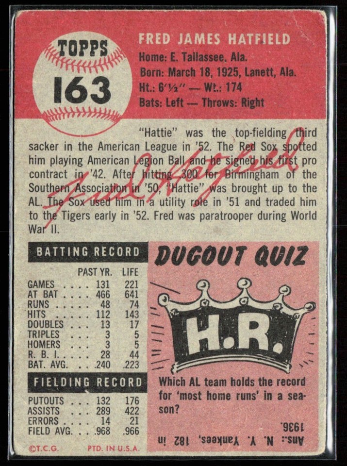 Fred Hatfield 1953 Topps D #163 Detroit Tigers | eBay