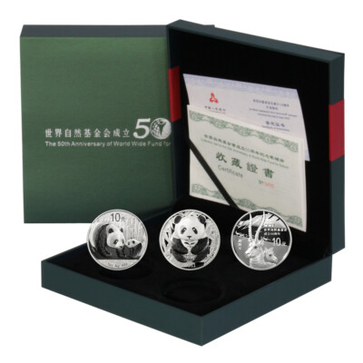 China 50th Anniversary World Wildlife Fund 2 Silver Coins + WWF Medal ...