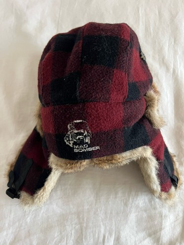 Mad Bomber Wool Bomber Hat Red/Blk Plaid Rabbit Fur Trim Size Small | eBay