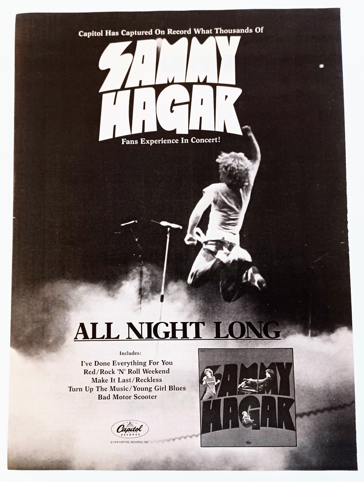 SAMMY HAGAR~ALL NIGHT LONG~ORIG 1978 ALBUM PROMO~PRINT AD ADVERT POSTER ...