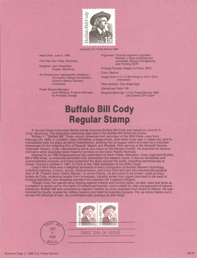 #8823 15c Buffalo Bill Stamp #2177 USPS Souvenir Page | eBay