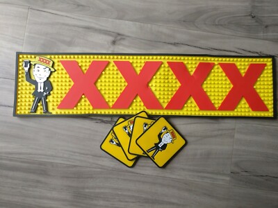 XXXX Beer Mr Fourex Man rubber bar mat and 4 coaster set runner barmat ...