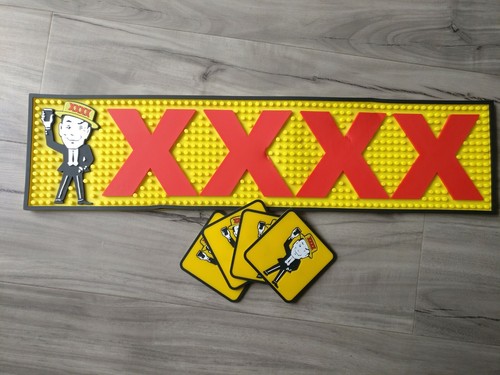 XXXX Beer Mr Fourex Man rubber bar mat and 4 coaster set runner barmat ...