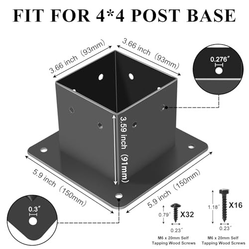 4x4 Post Base, 4Pcs Post Brackets (Inner Size 3.5"x3.5"), Black Powder ...