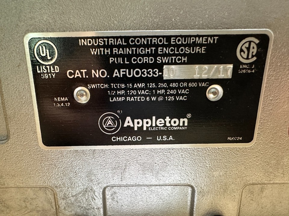 NEW APPLETON AFUO333-10 SAFETY PULL CORD SWITCH 600VAC ID: 310029 SHIPS ...