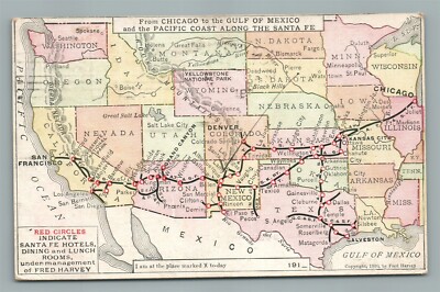 SANTA FE RAILROAD MAP ANTIQUE POSTCARD FROM CHICAGO TO GULF OF MEXICO ...
