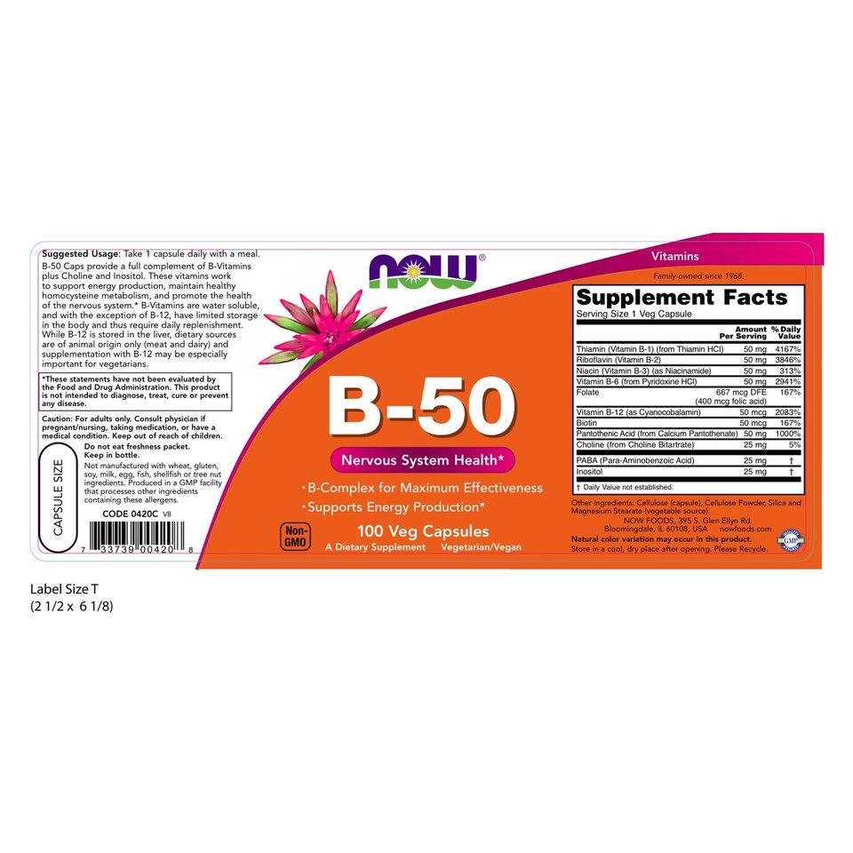 Vitamin B-50 Complex 100 Veg Capsules Choline & Inositol Biotin & Folic ...