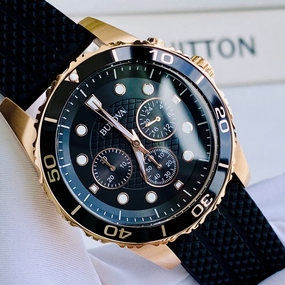 Bulova 98A192 Sport Chronograph Rose Gold Tone Rubber Strap Men's Watch ...