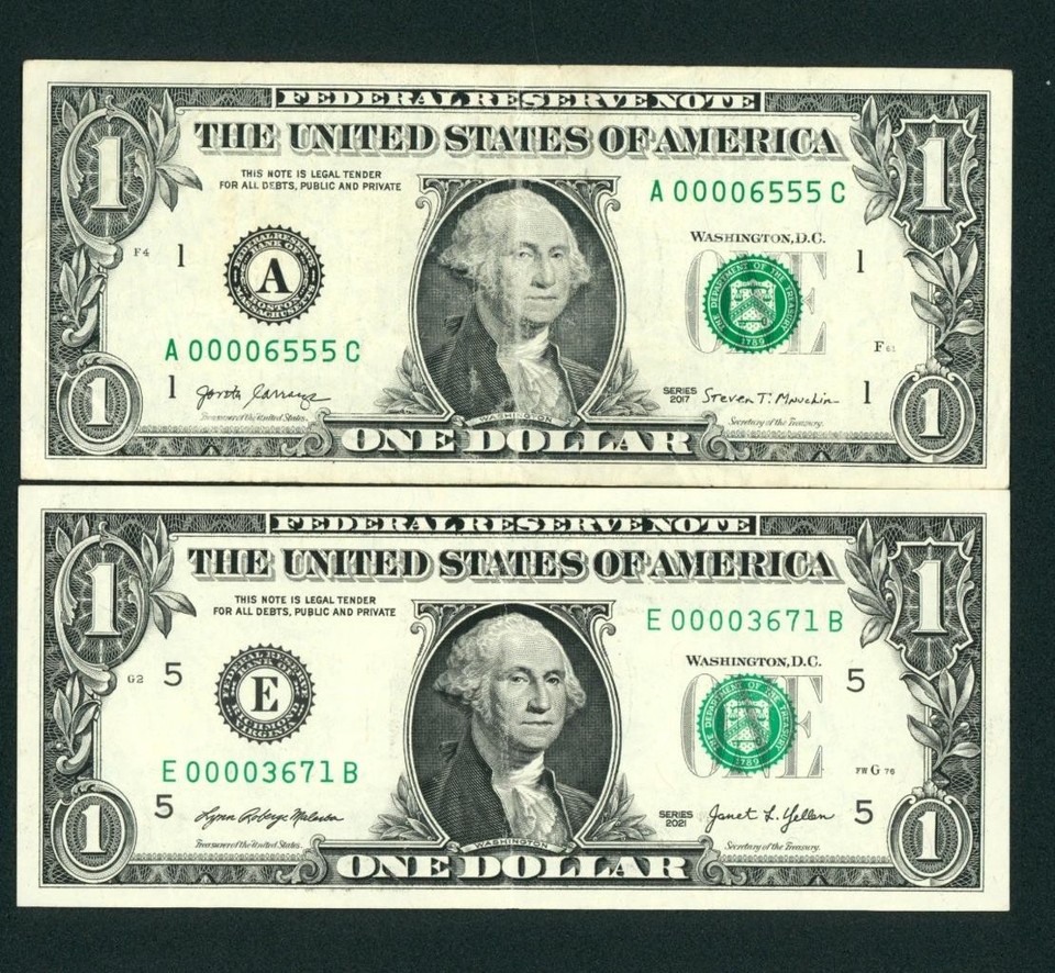 ((4 DIGIT - TWO NOTES)) $1 2017/ 2021 Federal Reserve Note ** PAPER ...