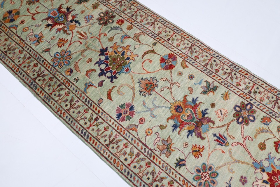 10 ft Hallway Tribal Floral Olive Green Runner Rug Afghan Hand Knotted ...