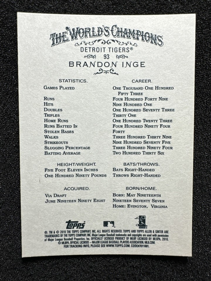 BRANDON INGE #93 2010 Topps Allen & Ginter's Detroit Tigers | eBay