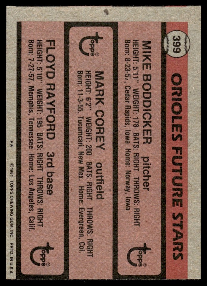 1981 Topps Orioles Future Stars - Mike Boddicker/Mark Corey/Floyd ...