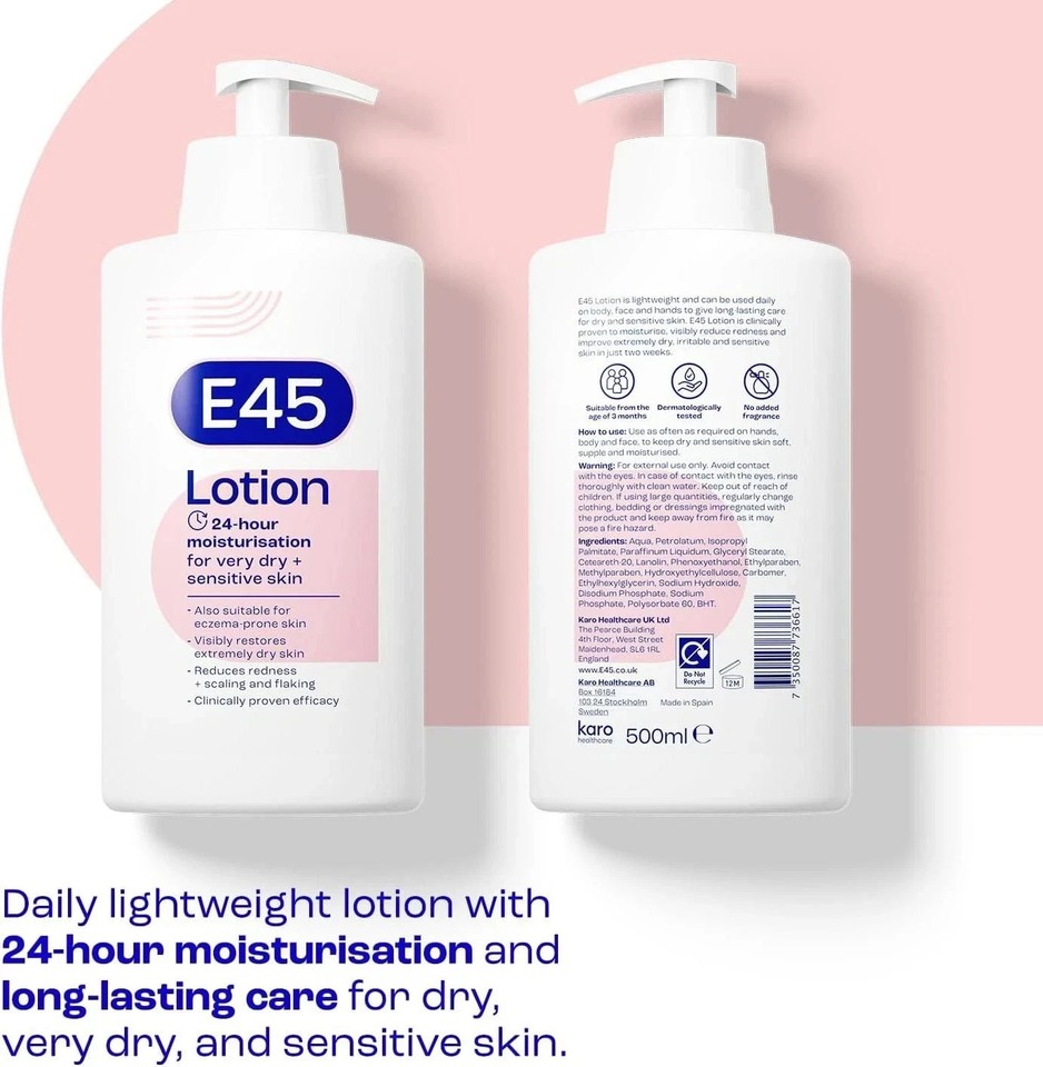 E45 moisturising Lotion Pump - 500g - Dermatological - Skin Care Cream ...