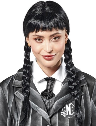 Wednesday Addams Costume Wig Adult Women Black Braids Bangs Adams ...