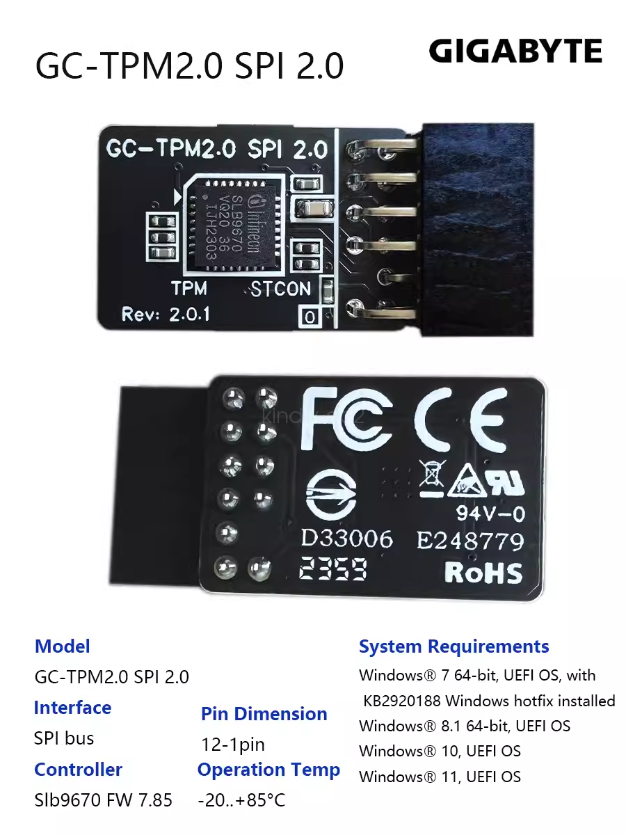Gigabyte GC-TPM2.0 SPI 2.0 (12-1)pin security module Trusted Platform ...