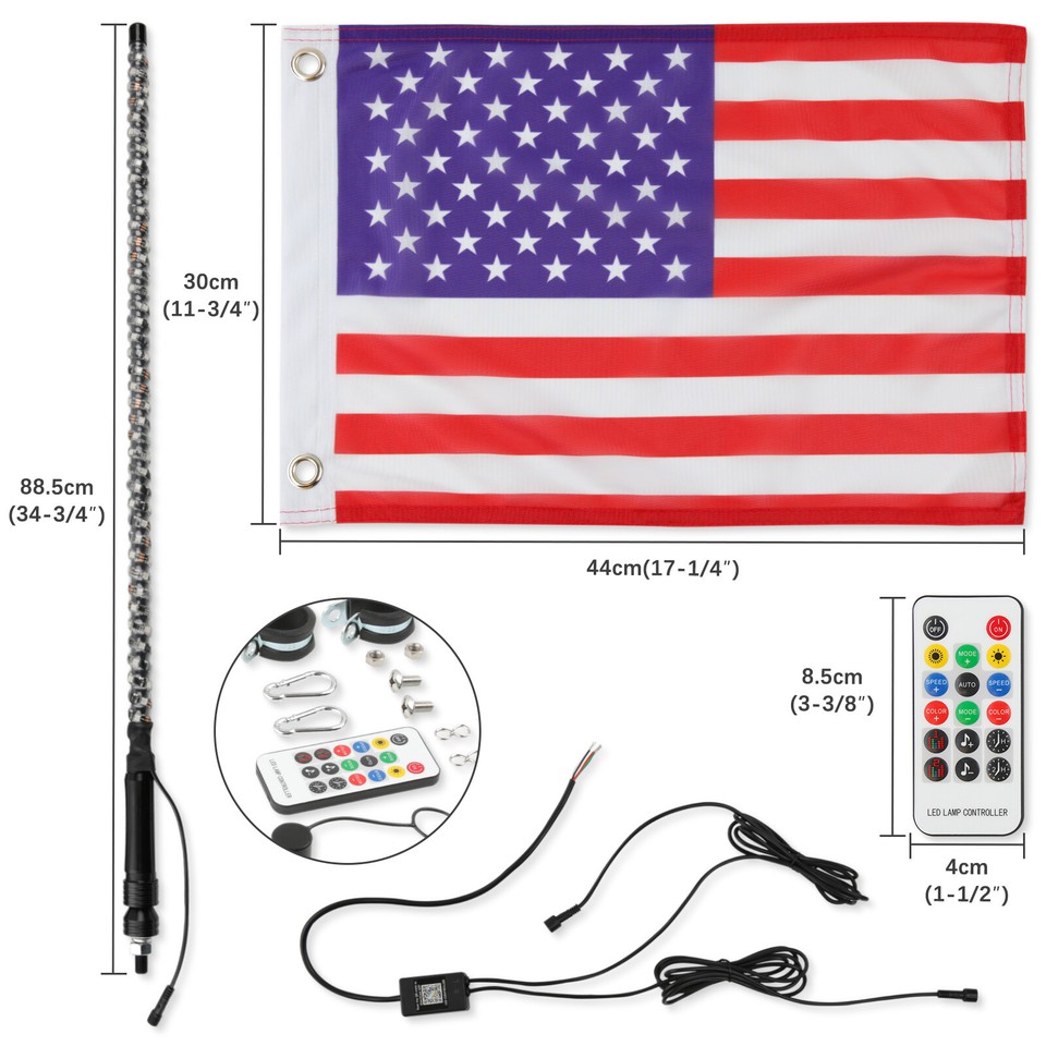 Pair 3FT Lighted Spiral LED Whip Antenna w/Flag & Remote+Springs For ...