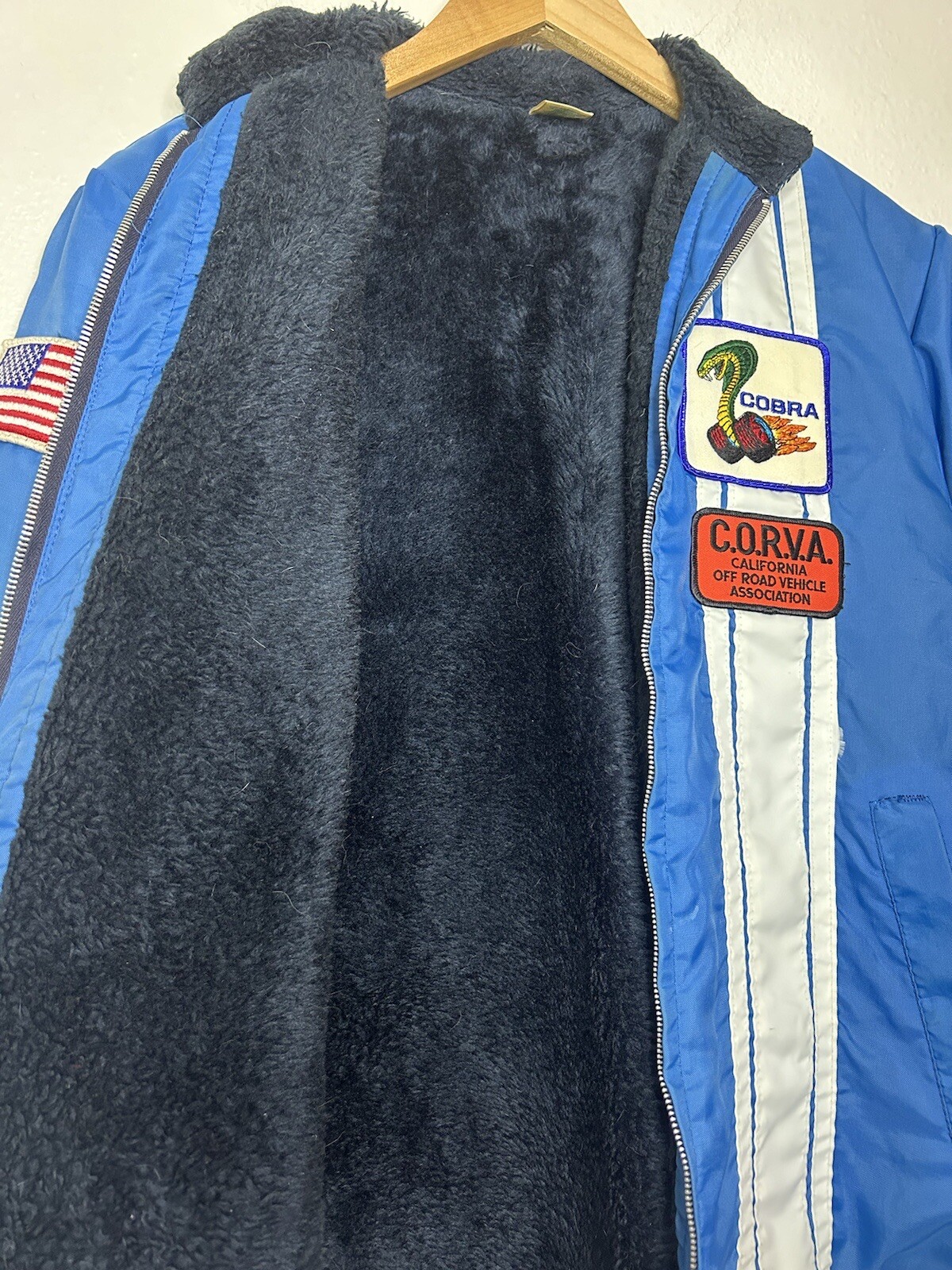 Vintage 70s Ford Cobra Racing Jacket Blue Faux Fur Li… - Gem