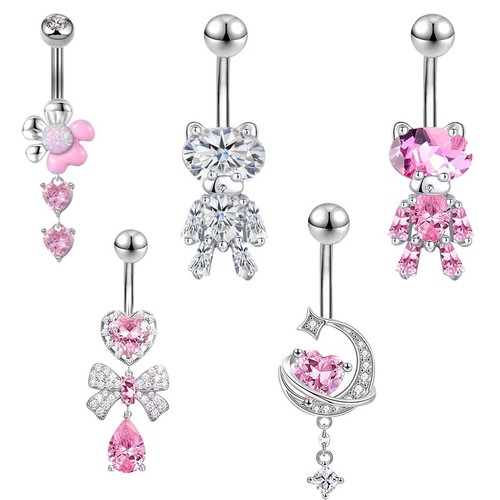 Pink Belly Button Rings Stainless Steel Heart Butterfly Navel Piercing ...