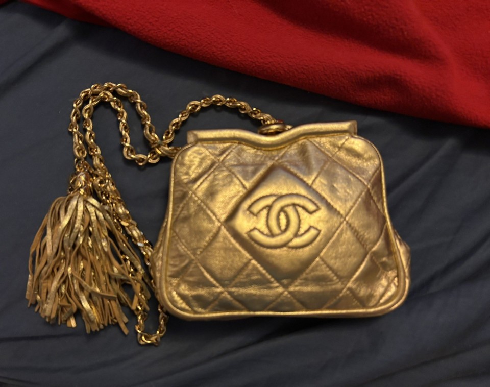 CHANEL Vintage Mini Gold Evening Bag Classic Chain w/ Tassel c1985 EXC ...