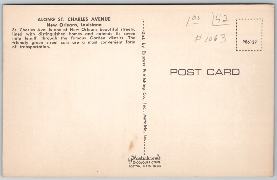c1960 Postcard New Orleans Louisiana LA Street Car Tram Rail St Charles ...