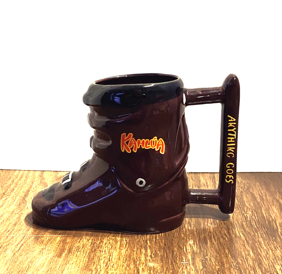 KAHLUA promo mug--SKI BOOT logo "ANYTHING GOES" w/"Do a Kahlua" coffee ...