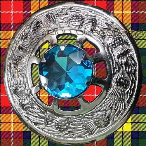 Scottish Fly Plaid Brooch Sky Blue Stone Chrome 3"/Highland Kilt Pin ...