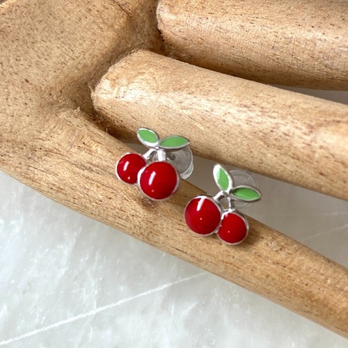 925 Sterling Silver Tiny Red Cherry Enamel Stud Earrings | eBay