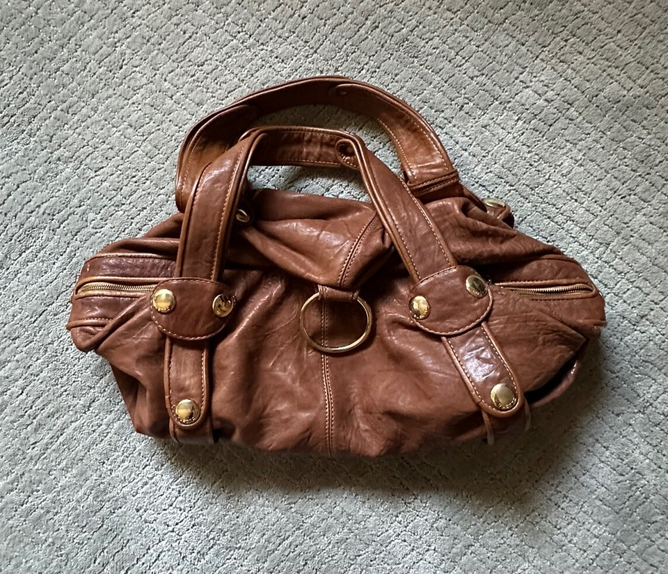 Gustto Large Baca Leather Satchel Handbag in Tan Caramel With Gold ...