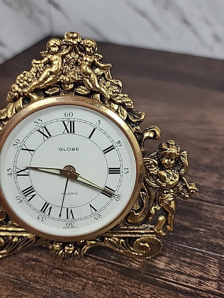 Vtg. GLOBE German Wind Up Alarm Brass Cherub Angel BEDSIDE DESK Clock ...
