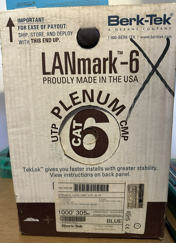 Berk-Tek LANmark-6, Cat6 Plenum Data Cable, CMP, UTP, Blue, 1000ft 305M ...