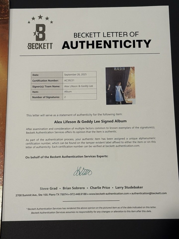 BECKETT COA Rush GEDDY LEE ALEX LIFESON Signed Autographed Exit Stage ...