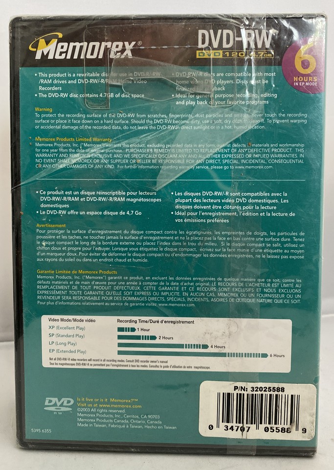 Memorex DVD+RW DVD 120 Rewritable Blank Disc 3 Pack 4.7GB New Unopened ...