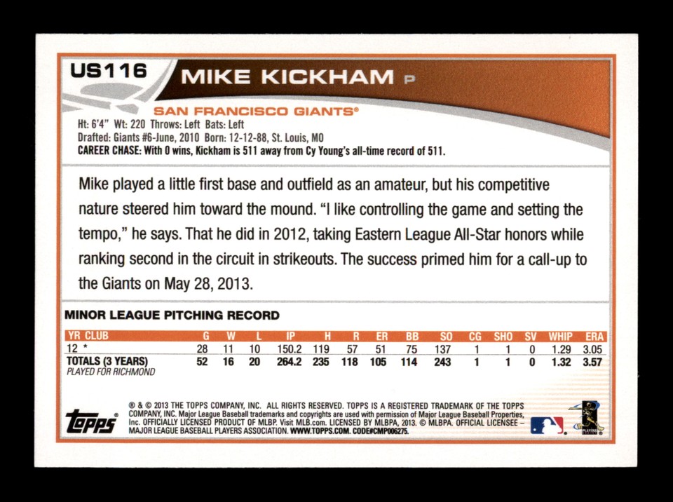 2013 Topps Update #US116 Mike Kickham RC San Francisco Giants | eBay