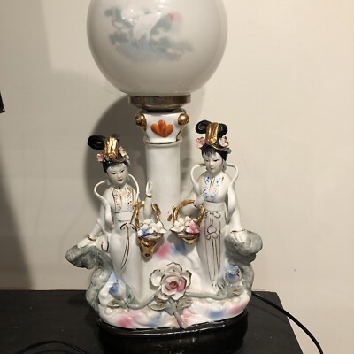 Vtg antique Chinese Oriental Japan Geisha Table Lamp Porcelain Floral ...
