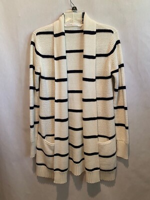 Athleta White/Navy Striped Open Front Cardigan Fold Over Lapel Front ...