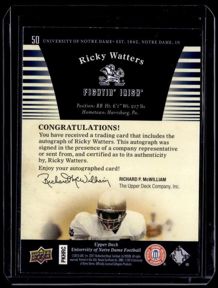 2013 Upper Deck University Of Notre Dame #50 Ricky Watters Auto ...