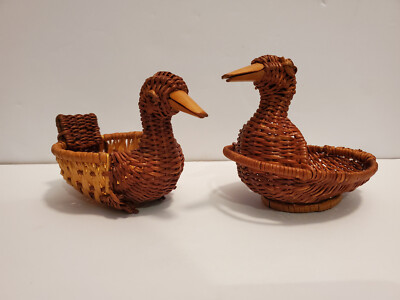 2 Wicker Rattan Duck Trinket Dishes Bamboo Beak Vintage Duck Baskets ...