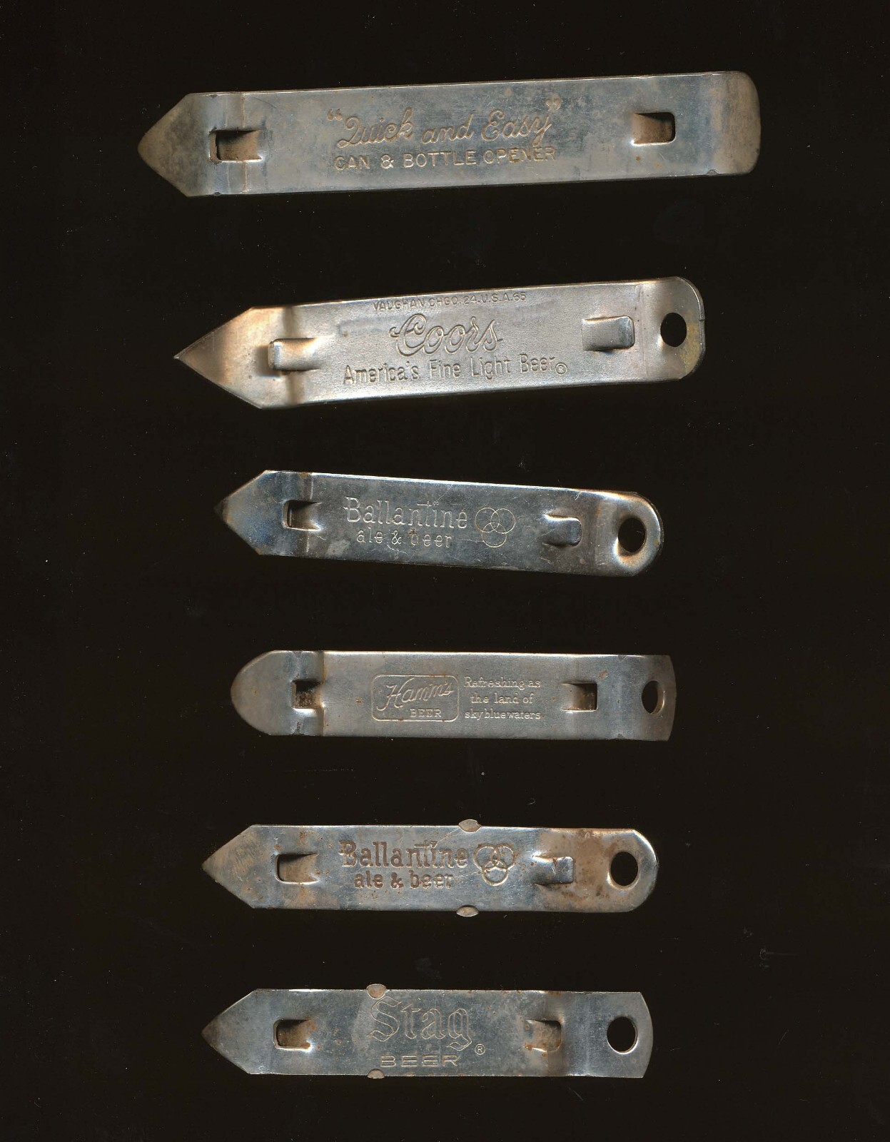 E21 - LOT OF 6 VINTAGE BEER CAN OPENERS CHURCH KEYS, COORS, HAMM'S ...