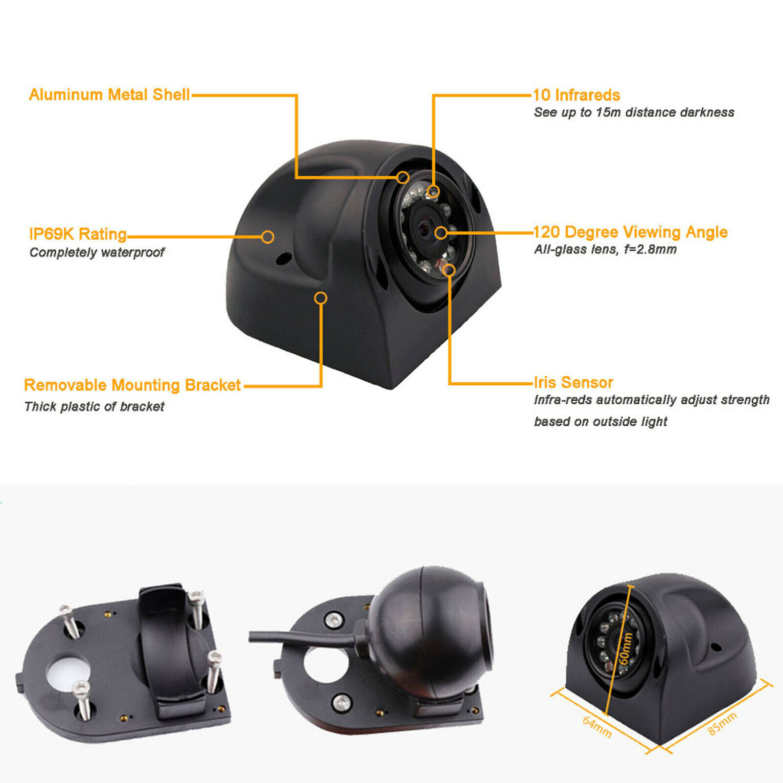 4 Pin Heavy Duty 12-24V CCD Side View Color Camera 10 IR LEDs IP68 For ...
