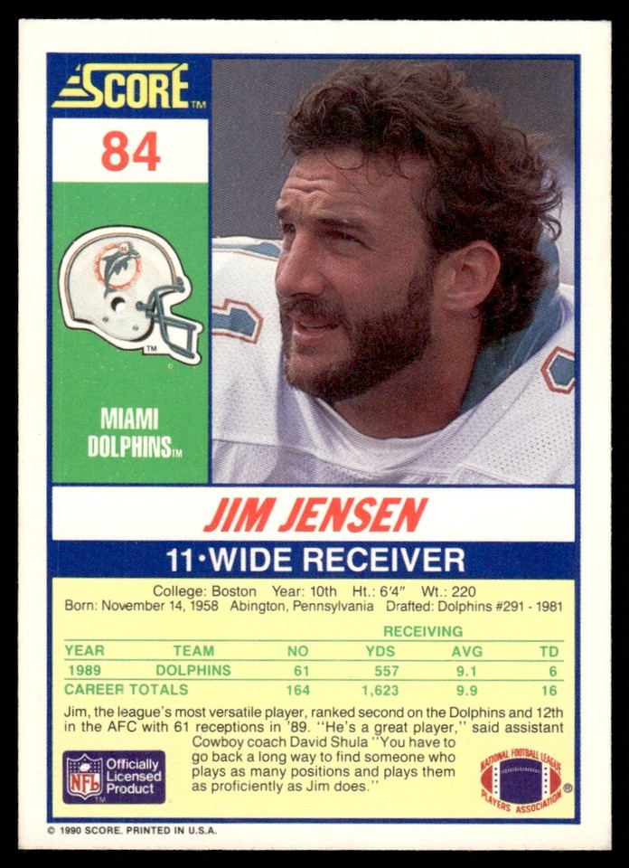 1990 Score Jim Jensen Miami Dolphins #84 | eBay
