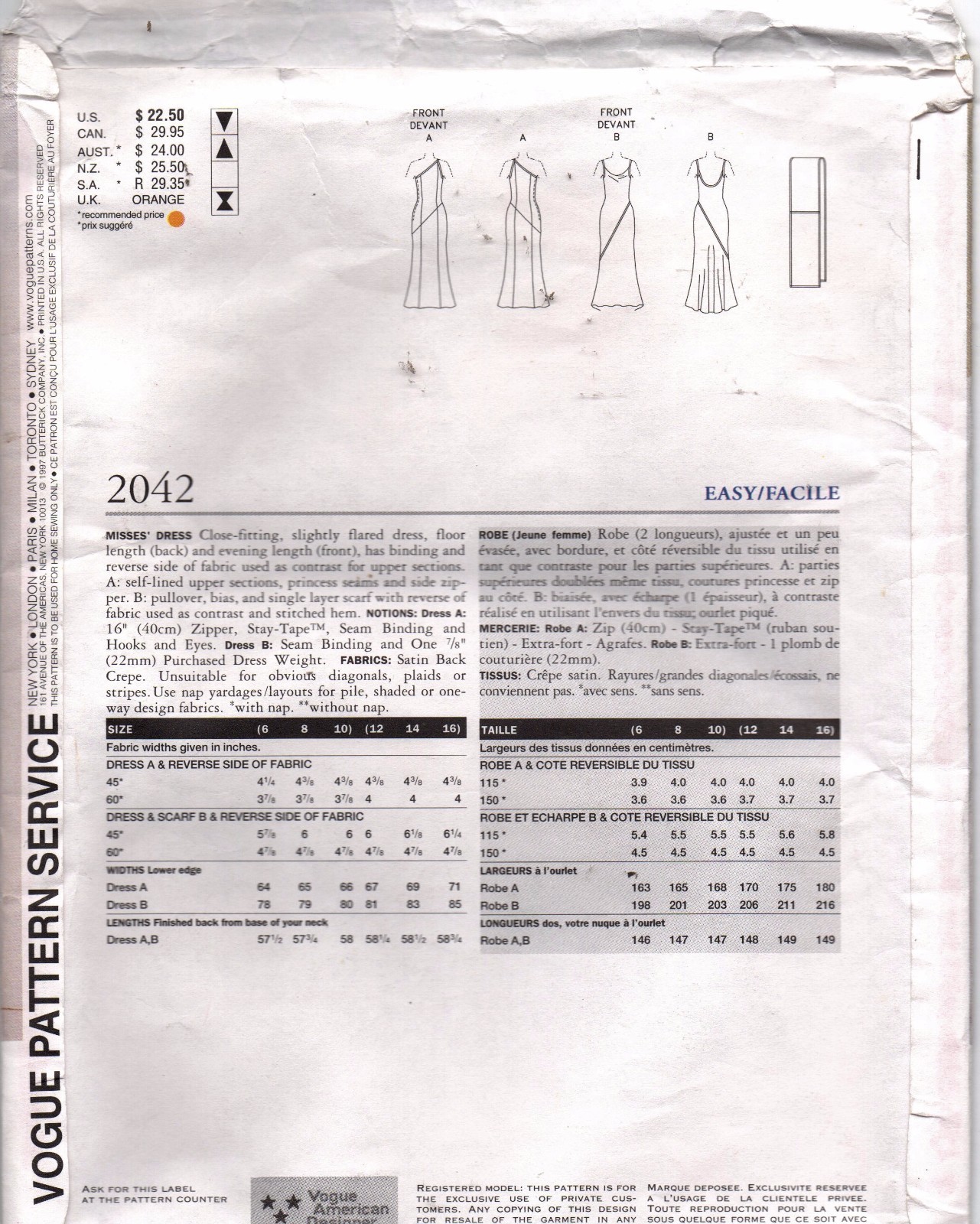 Vogue Designer Pattern 2042 Tom & Linda Platt Fitted Evening Dress Size ...