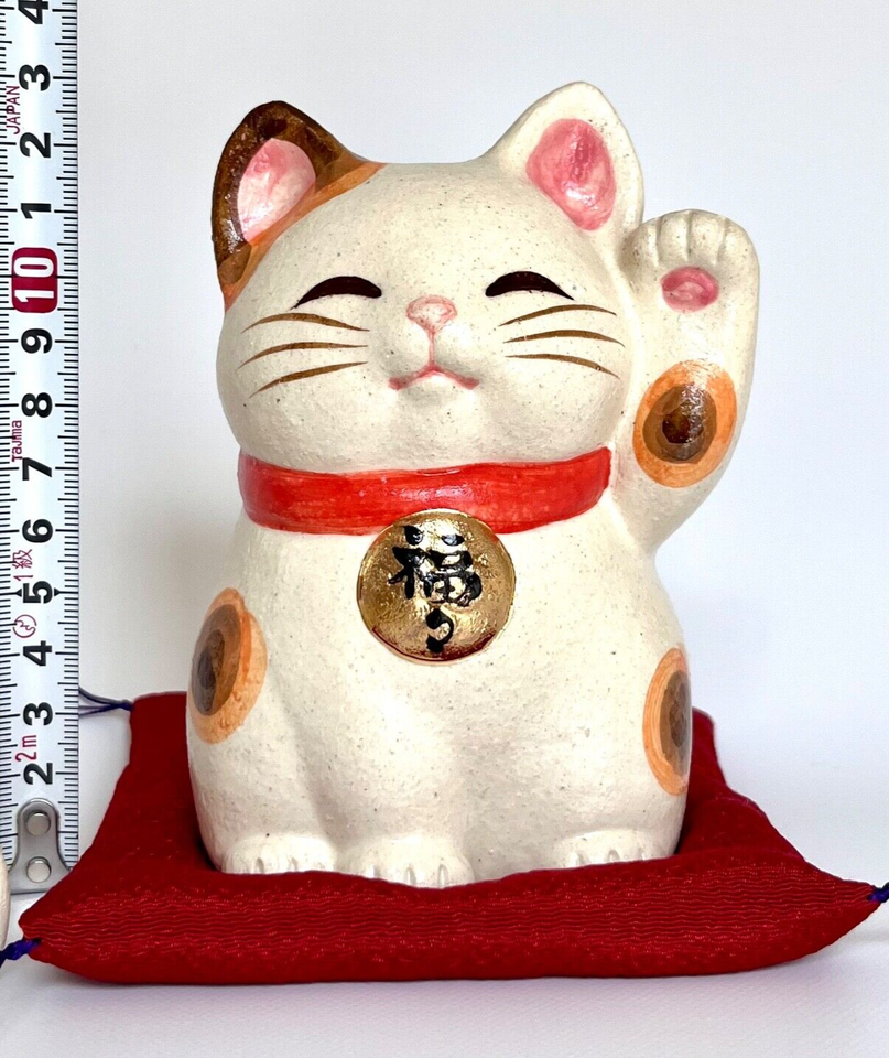 Japanese Pottery Handmade Lucky Cat Maneki Neko Left Hand 12cm Seto ...