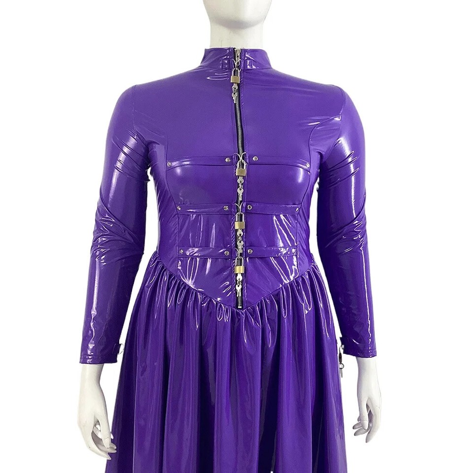 Lockable Spandex PVC Leather Long Dresses Exotic Party Wetlook Pleated ...