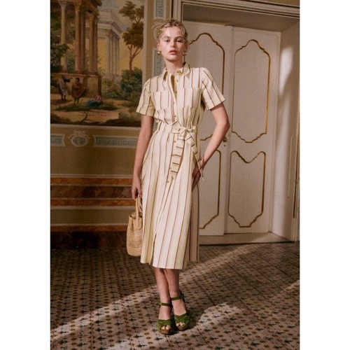 Sezane Adèle Dress Stripes Beige Pink Brown Linen Cotton Blend 38 EU 6 ...