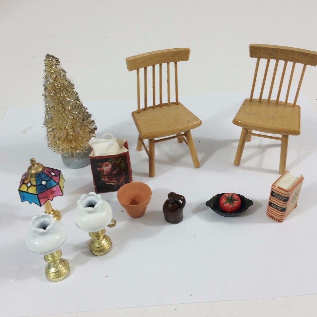 Dollhouse Miniature Vtg 12 pc Lot Accessories Chairs Xmas Tree Lamps ...