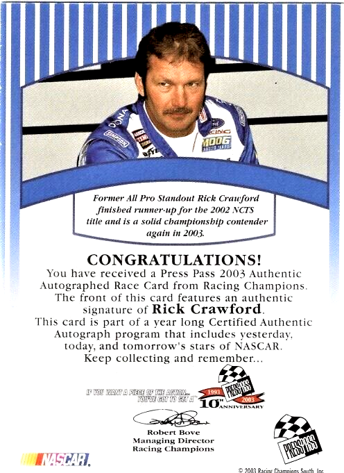 2003 - Press Pass Signings Autographed NASCAR Trading Card - Rick ...